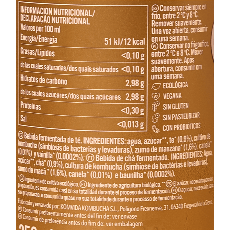Kombucha Manzana Y Canela Komvida 250ml Ametller Origen